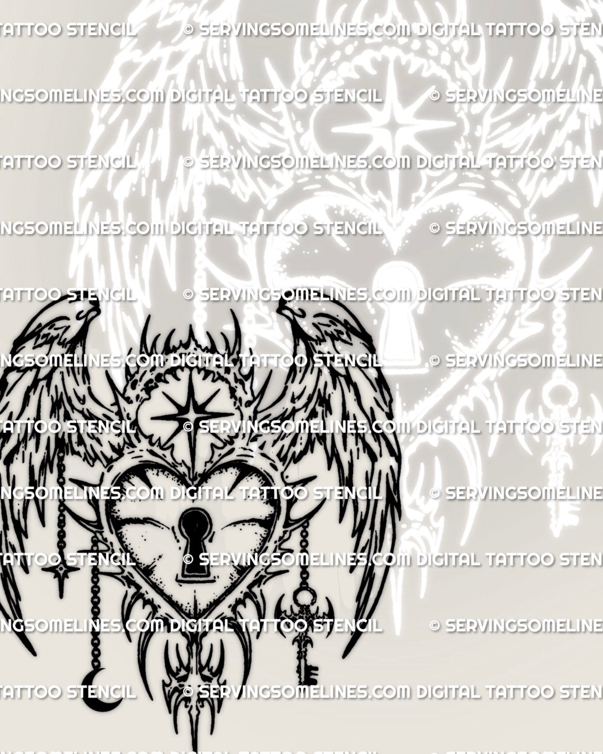 Angel Lock Tattoo Stencil, Winged Keyhole Cyber Tribal Design ...