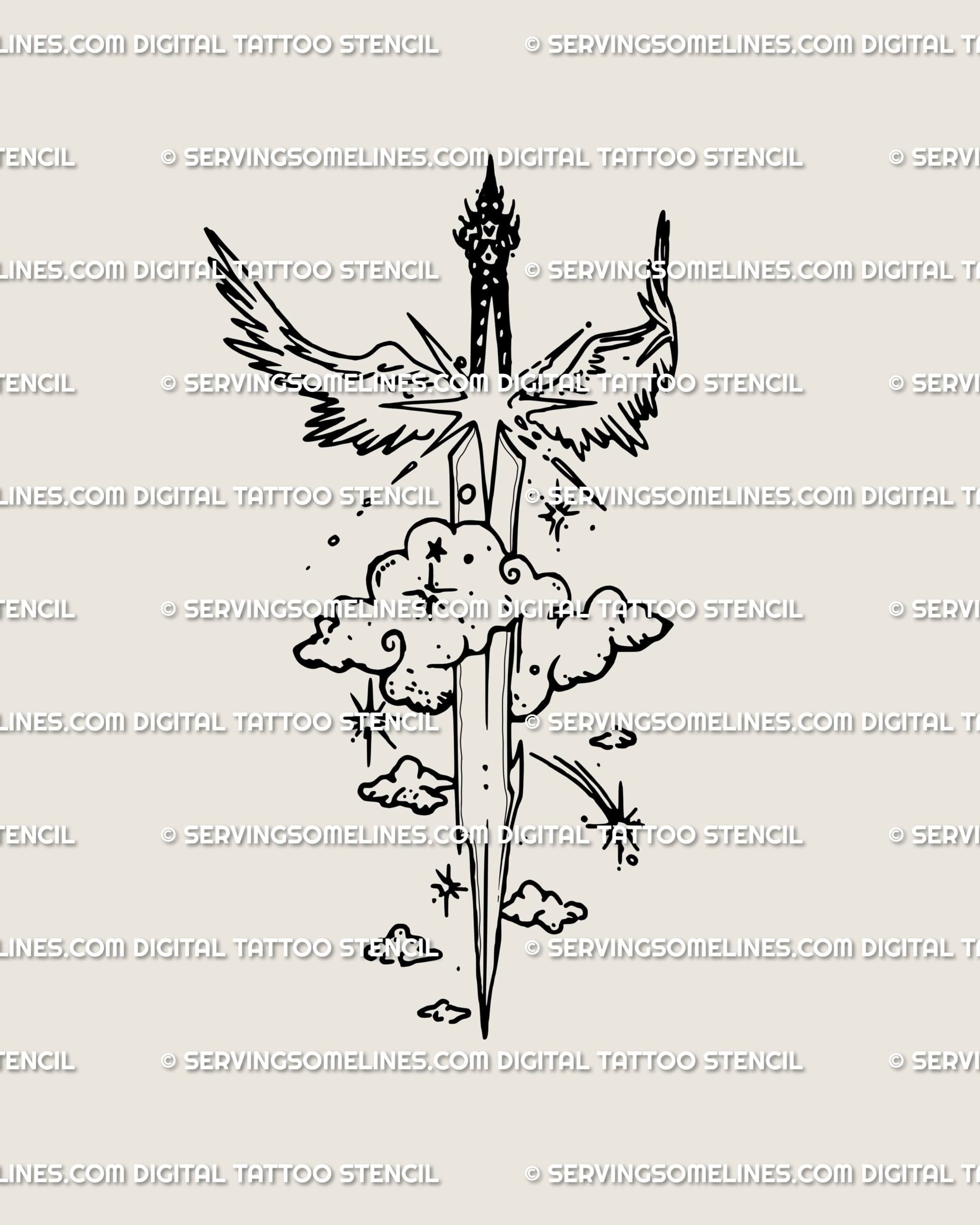 Celestial Sword with Angel Wings – Cyber Sigil Tattoo Stencil ...
