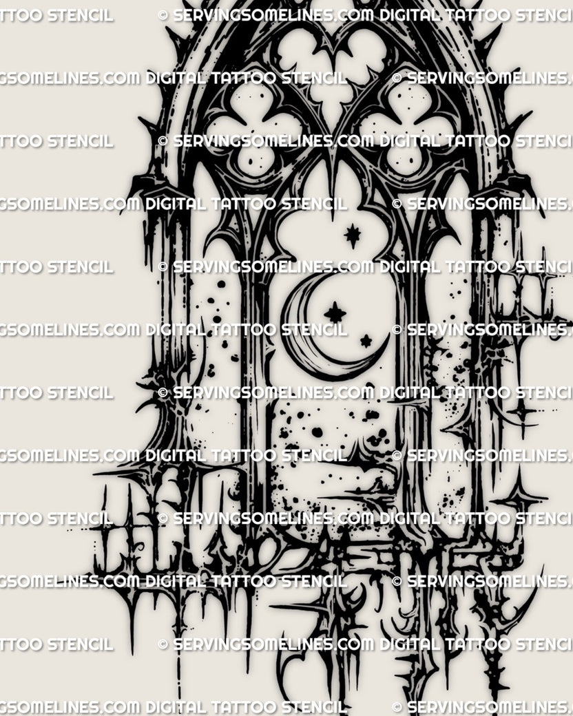 Cyber Goth Cathedral Arch Tattoo Stencil – Moon Cybersigil Design ...
