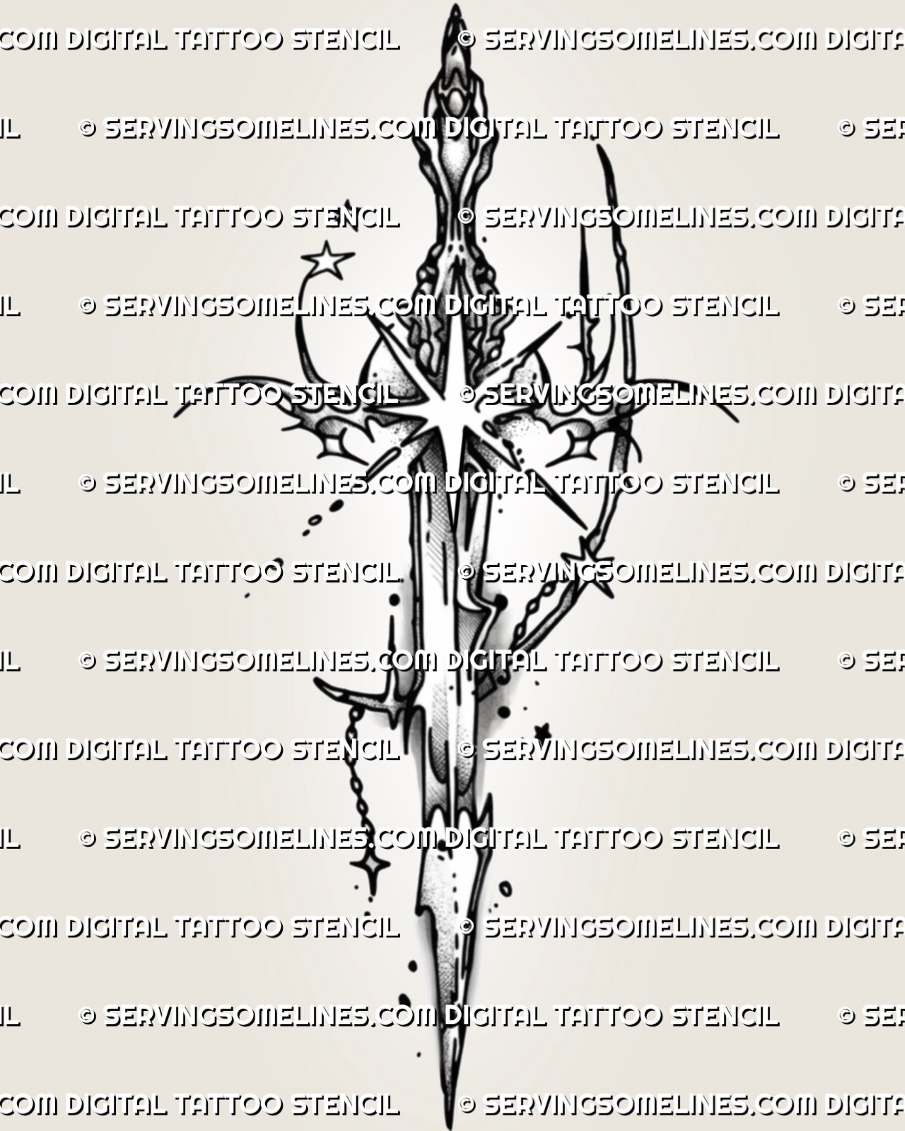 Cybersigilism Sword Tattoo Stencil – Celestial Stars Protection ...