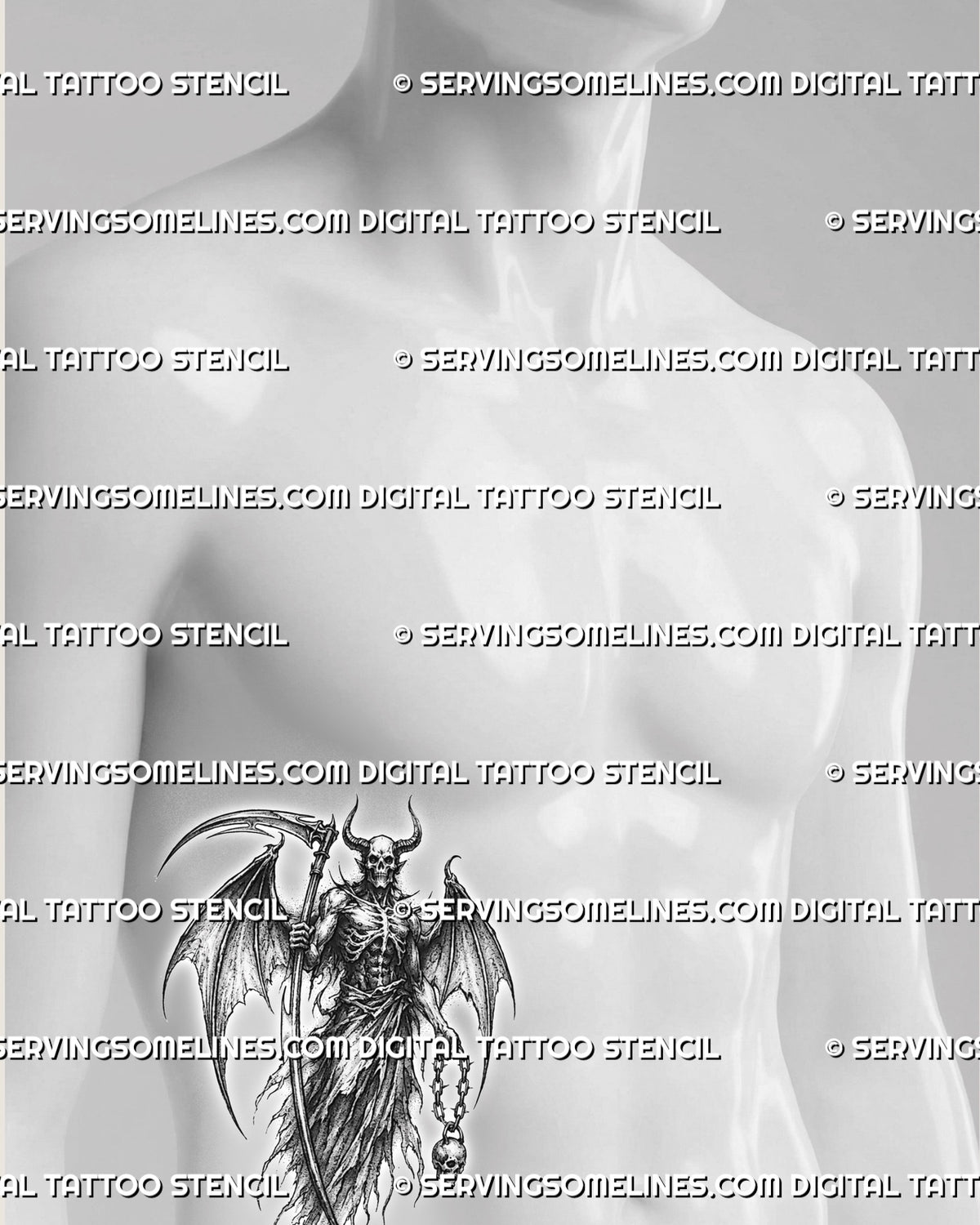 Gothic Demon Tattoo Stencil – Graveyard, Skulls & Bat Wings Design ...