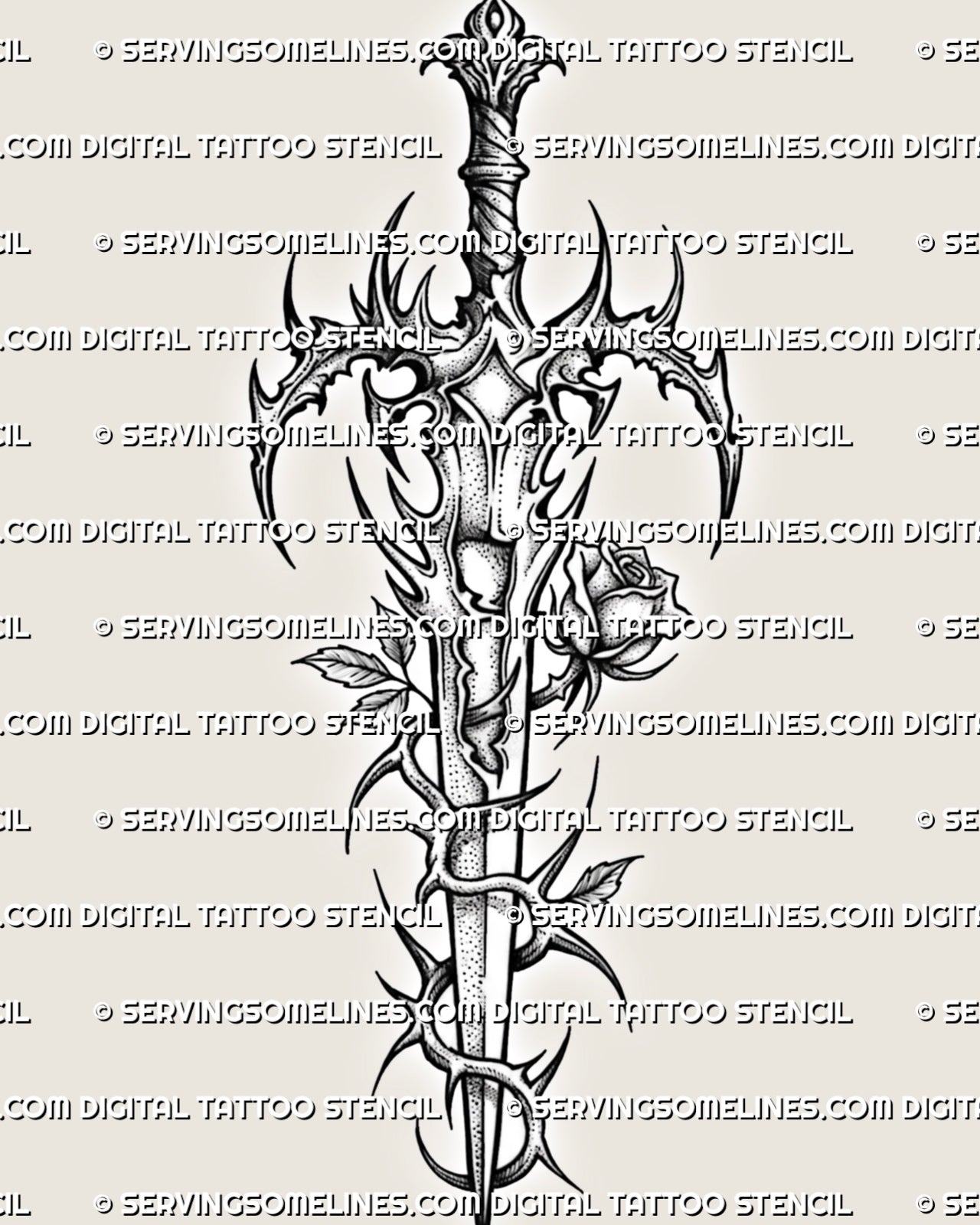 Gothic Sword Tattoo Stencil for Men, Dark Thorned Blade Design ...