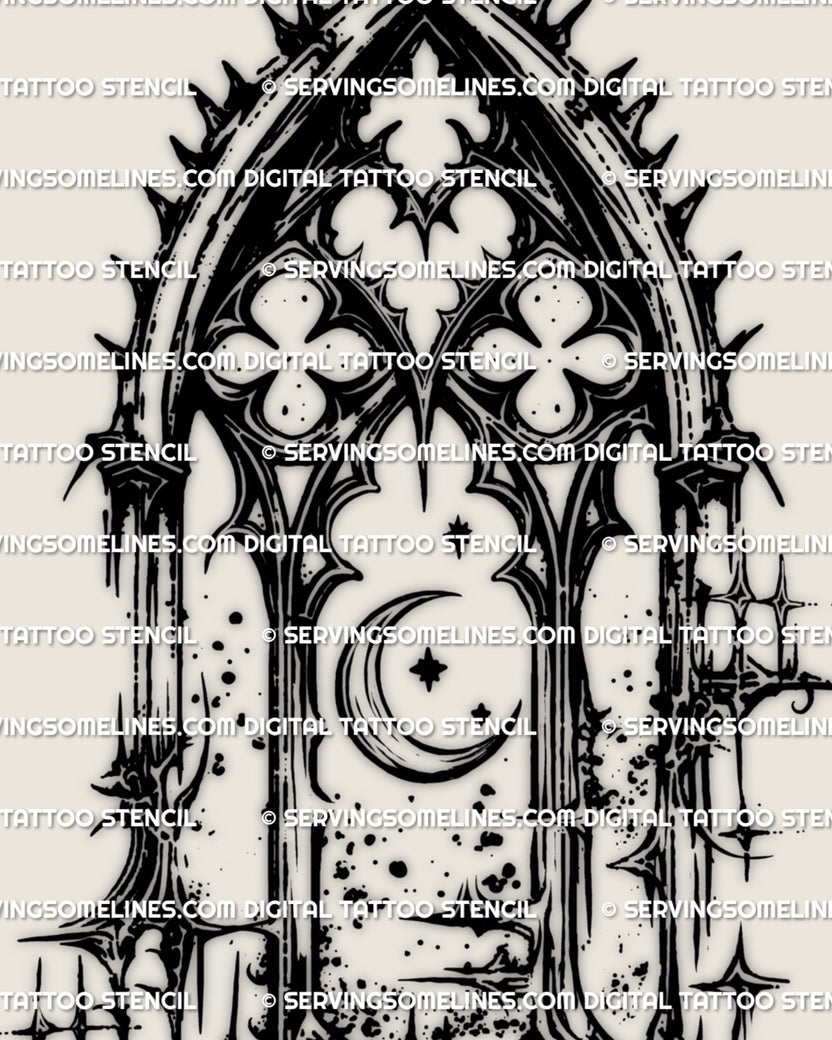 Cyber Goth Cathedral Arch Tattoo Stencil – Moon Cybersigil Design ...