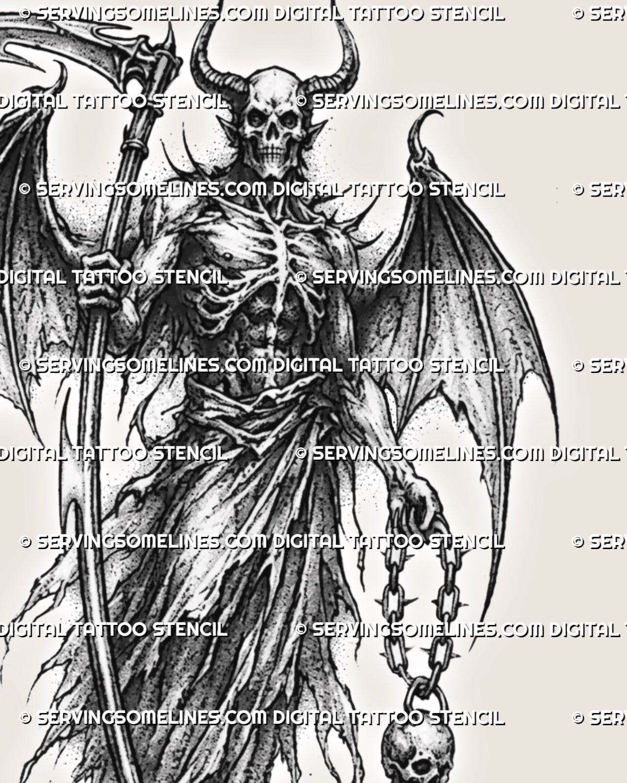 Gothic Demon Tattoo Stencil – Graveyard, Skulls & Bat Wings Design ...