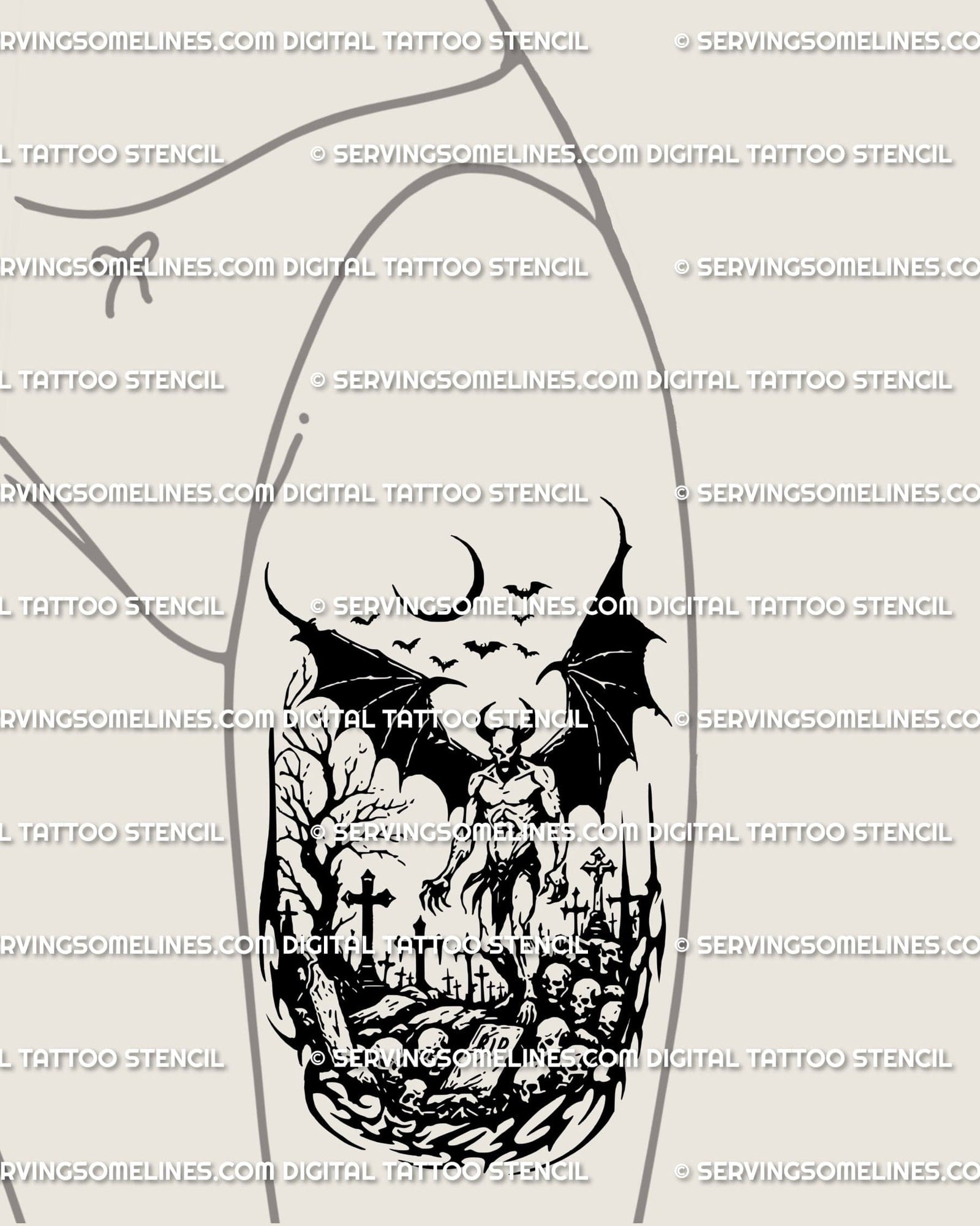Gothic Demon Tattoo Stencil – Neotribal Graveyard, Skulls & Bat Wings ...