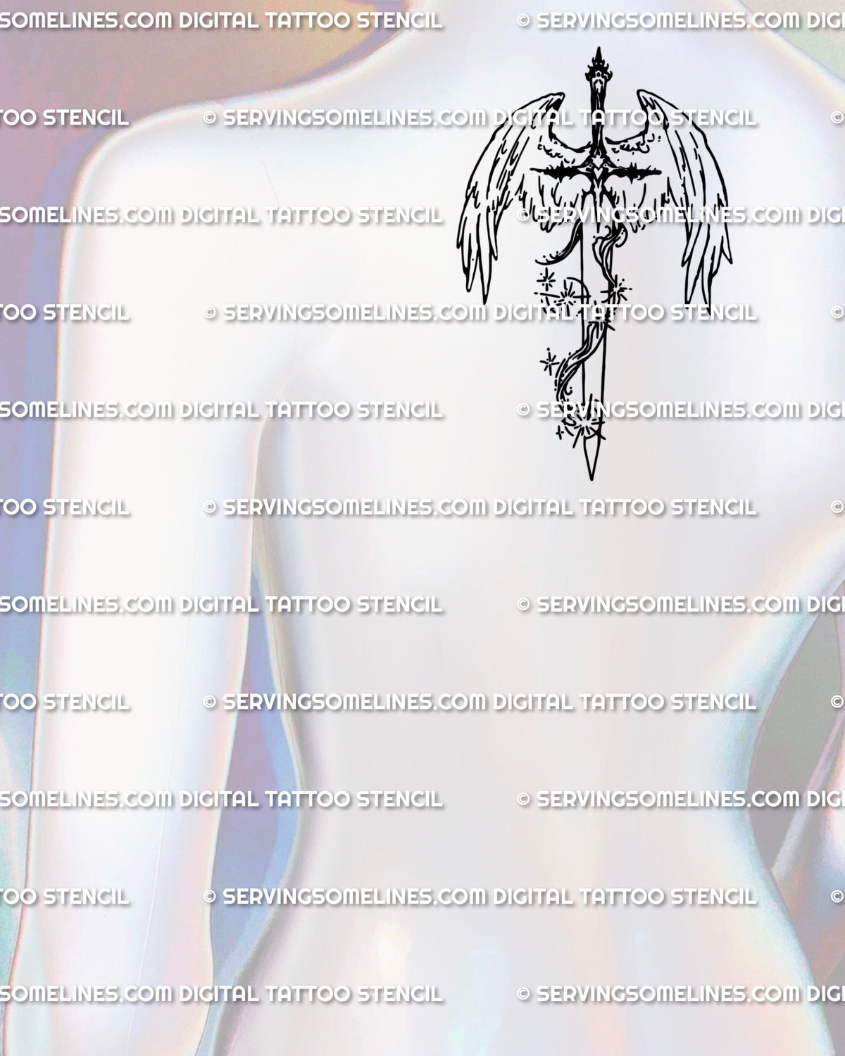 Angel Sword Tattoo Stencil | Celestial Guardian Wings Digital Download ...