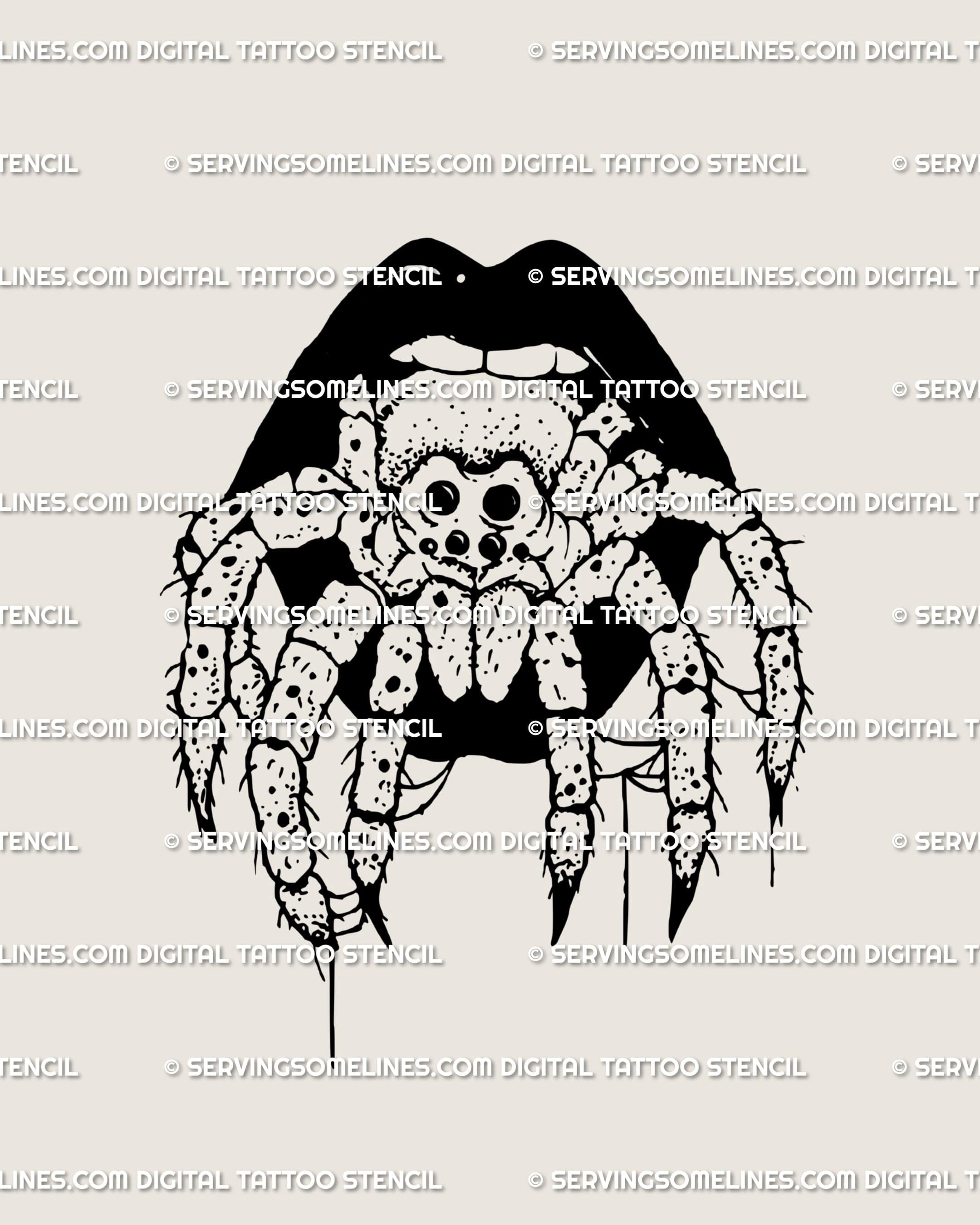 Spider in Mouth Gothic Tattoo Stencil — Horror Linework Design ...