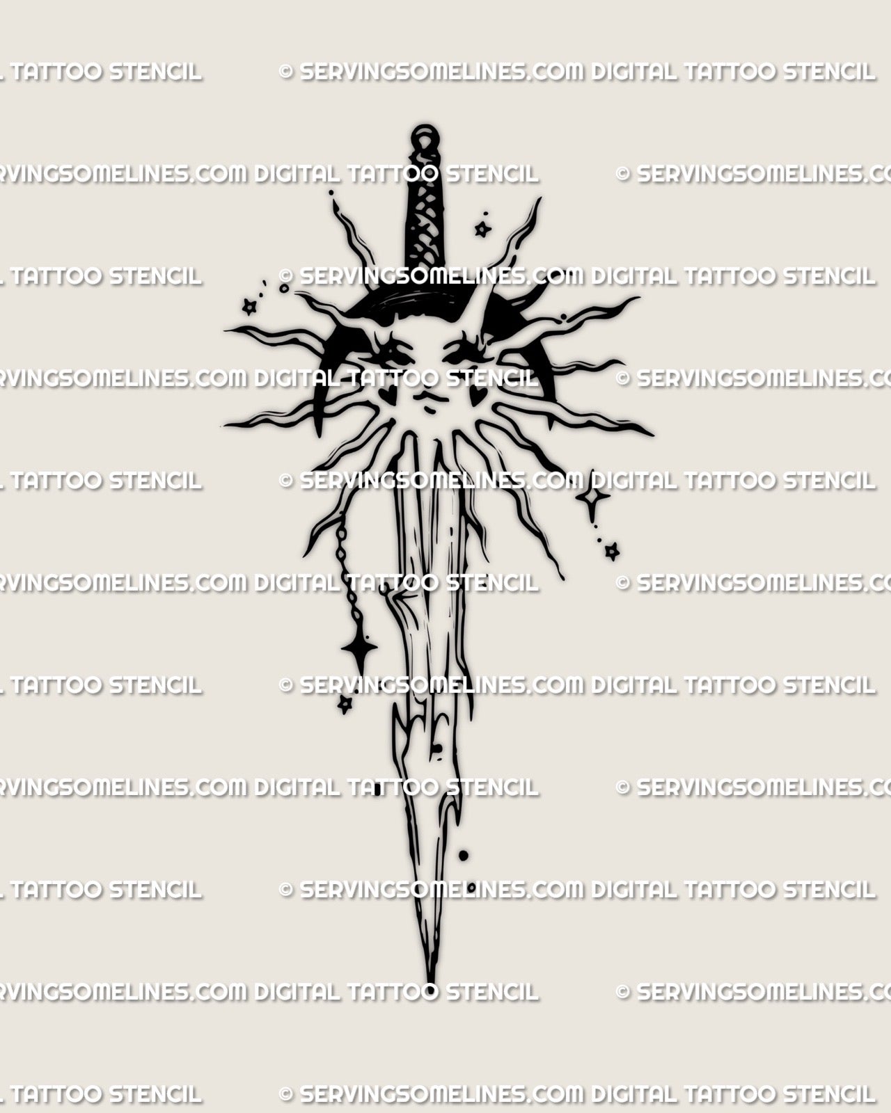 Sun and Moon Sword Tattoo Stencil – Celestial Cybertribal Line Art ...