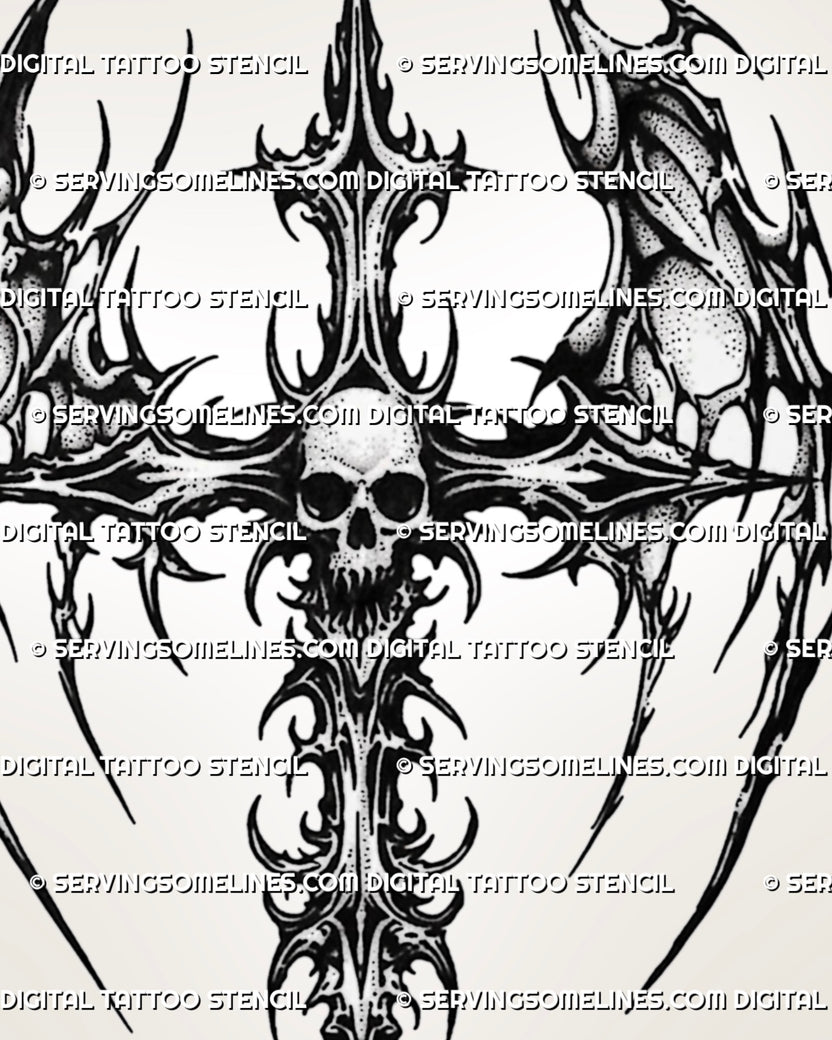 Winged Skull Cross Tattoo Stencil | Gothic Neotribal Dark Cross ...